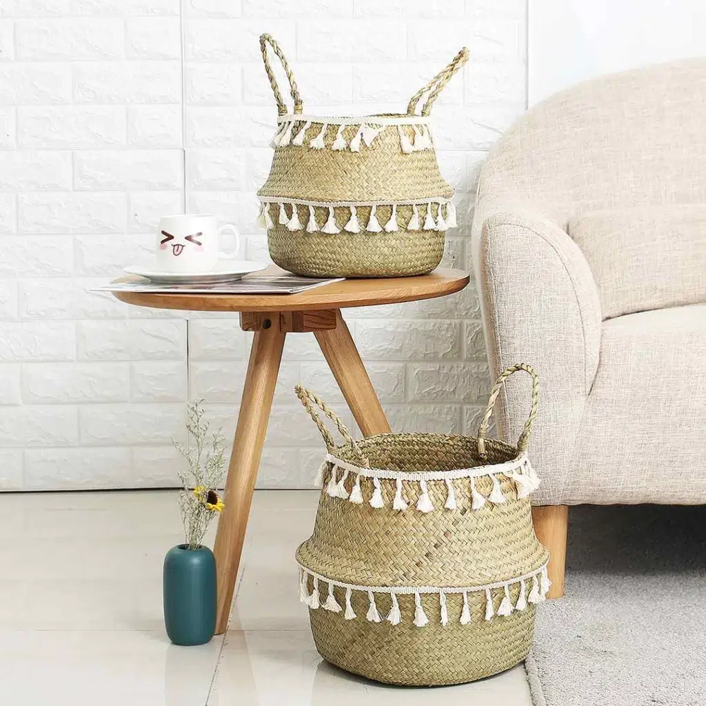 Cache pot osier et pompons - La boutique bohème