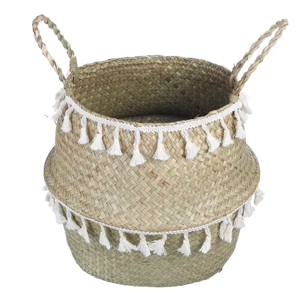 Cache pot osier et pompons - La boutique bohème