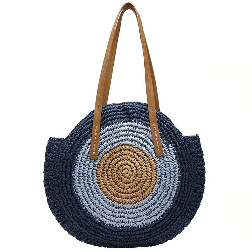 Sac rond paille bleu - La boutique bohème